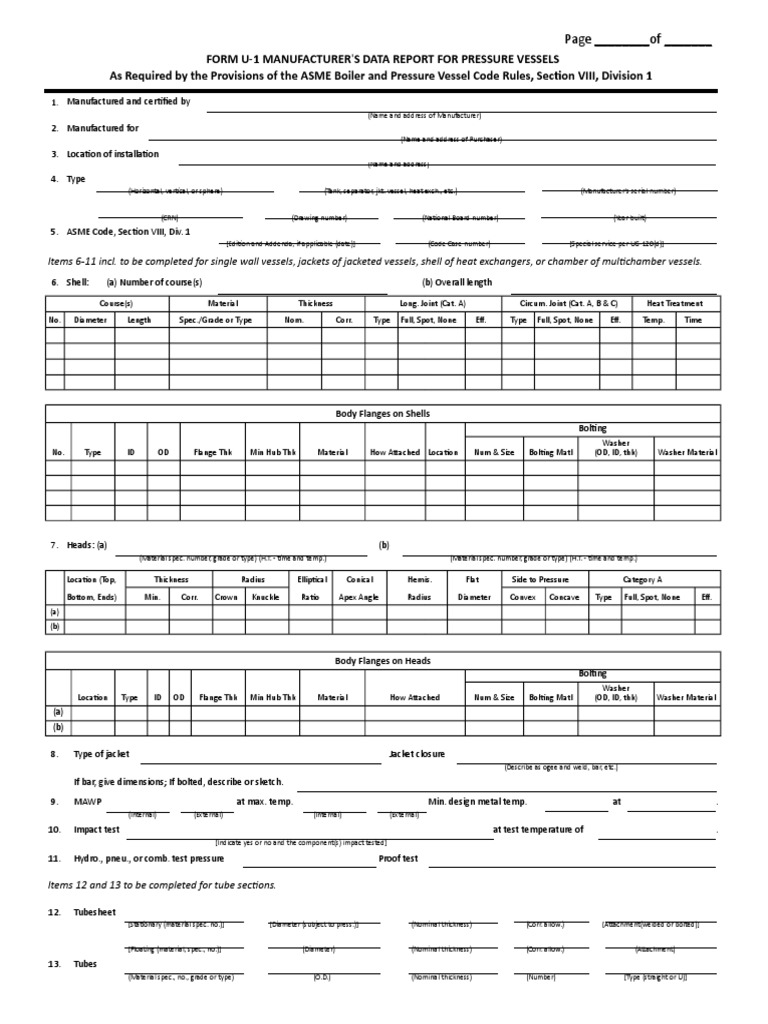 Form U-1 Manufacturer's Data Report for Pressure Vessel: Providing ...