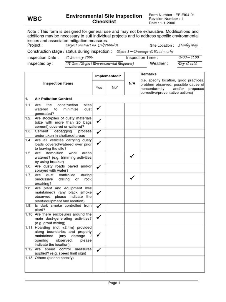 Environmental Site Inspection Checklist | PDF | Wastewater | Road