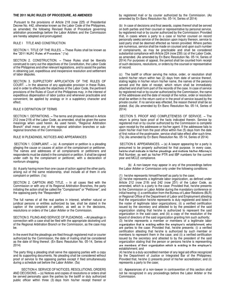 The 2011 NLRC Rules of Procedure, As Amended | PDF | Arbitration | Pleading