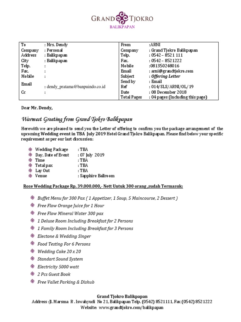 014 - Offering Letter - Wedding MR - Dendy On Tba July 2019 | PDF ...