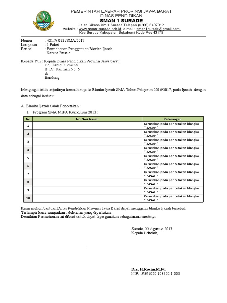 Surat Kesalahan Ijazah Sman 1 Surade 2016 Sisa 2017 | PDF
