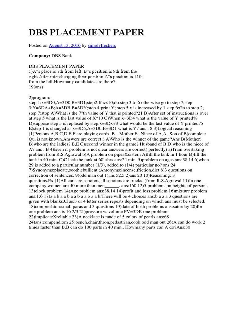 Dbs Placement Paper: August 13, 2016 Simplyfreshers | PDF