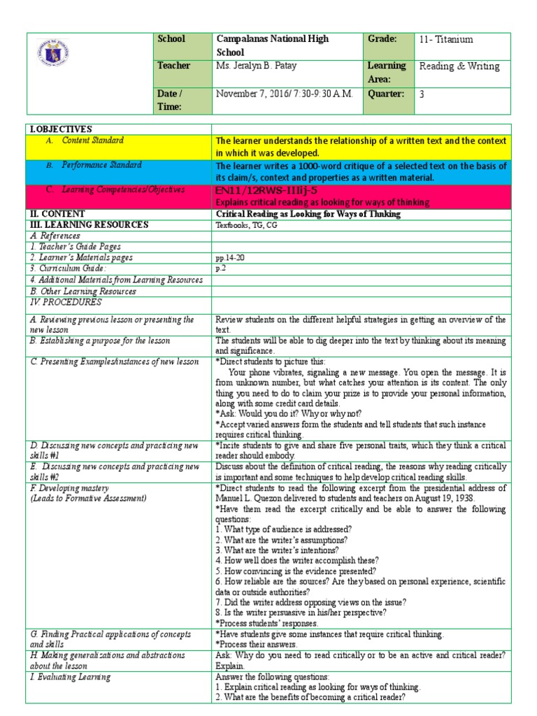 RWS11.2.1Critical Reading As Looking For Ways of Thinking | PDF ...