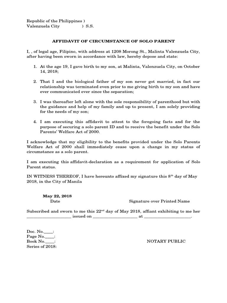 Solo Parent Affidavit Sample Document | PDF