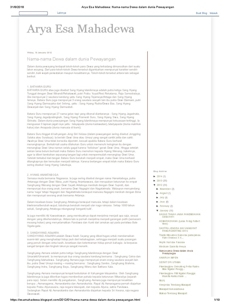 Arya Esa Mahadewa - Nama-Nama Dewa Dalam Dunia Pewayangan | PDF