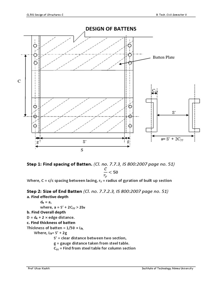 Design of Battens: Step 1: Find Spacing of Batten. (Cl. No. 7.7.3, IS ...