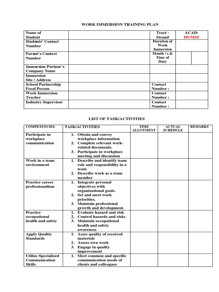 Work Immersion Training Plan Orlan | PDF | Occupational Safety And ...
