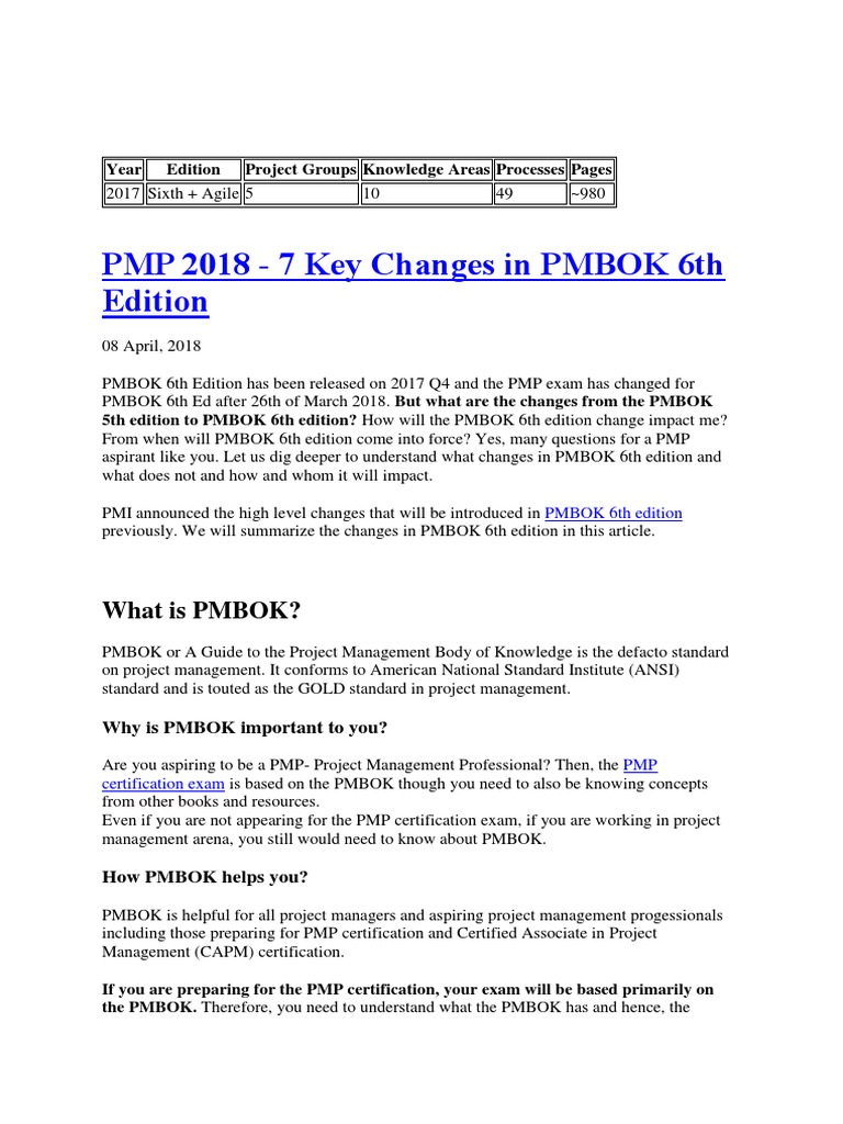 Changes in PMBOK 6th Edition | PDF | Project Management Professional ...
