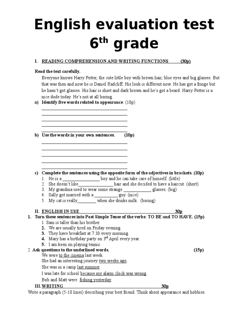 English Evaluation Test 6th Grade | English Language | Semiotics