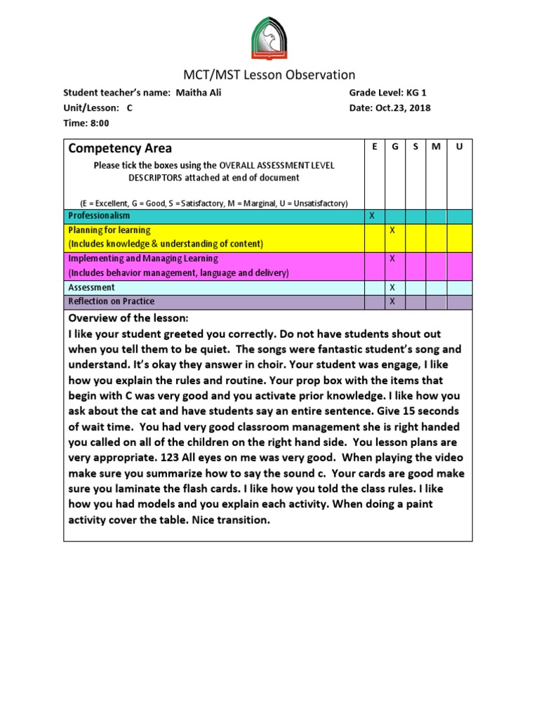 MCT Formal Observation Maitha Ali | PDF