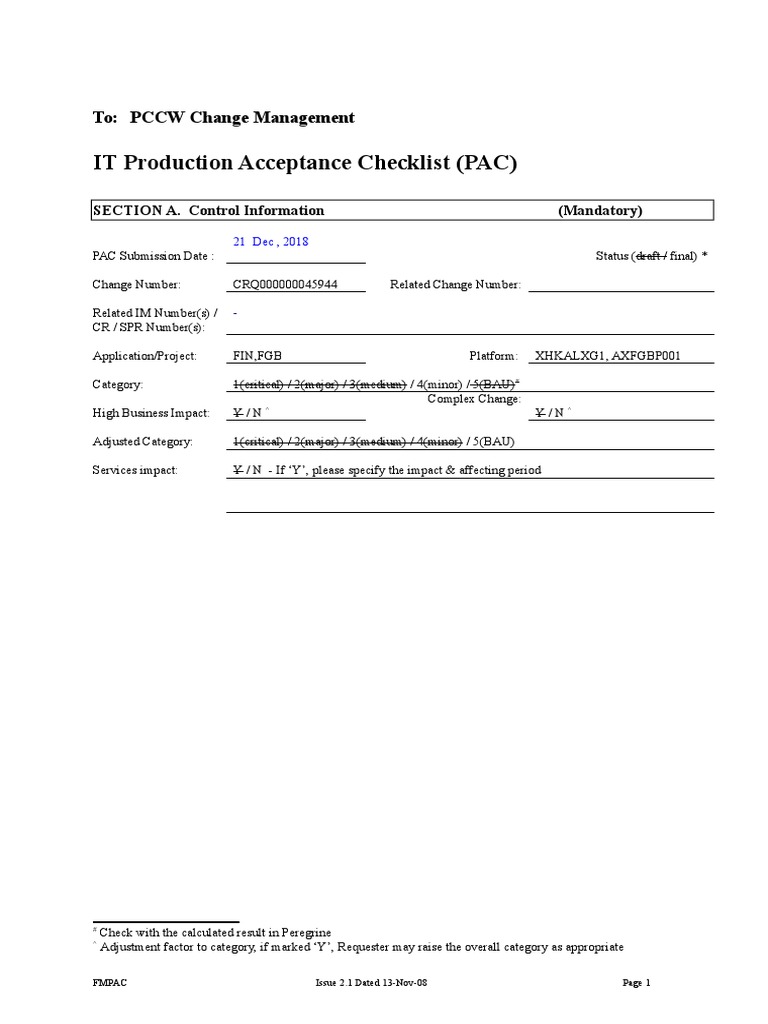 IT Production Acceptance Checklist (PAC) : To: PCCW Change Management ...