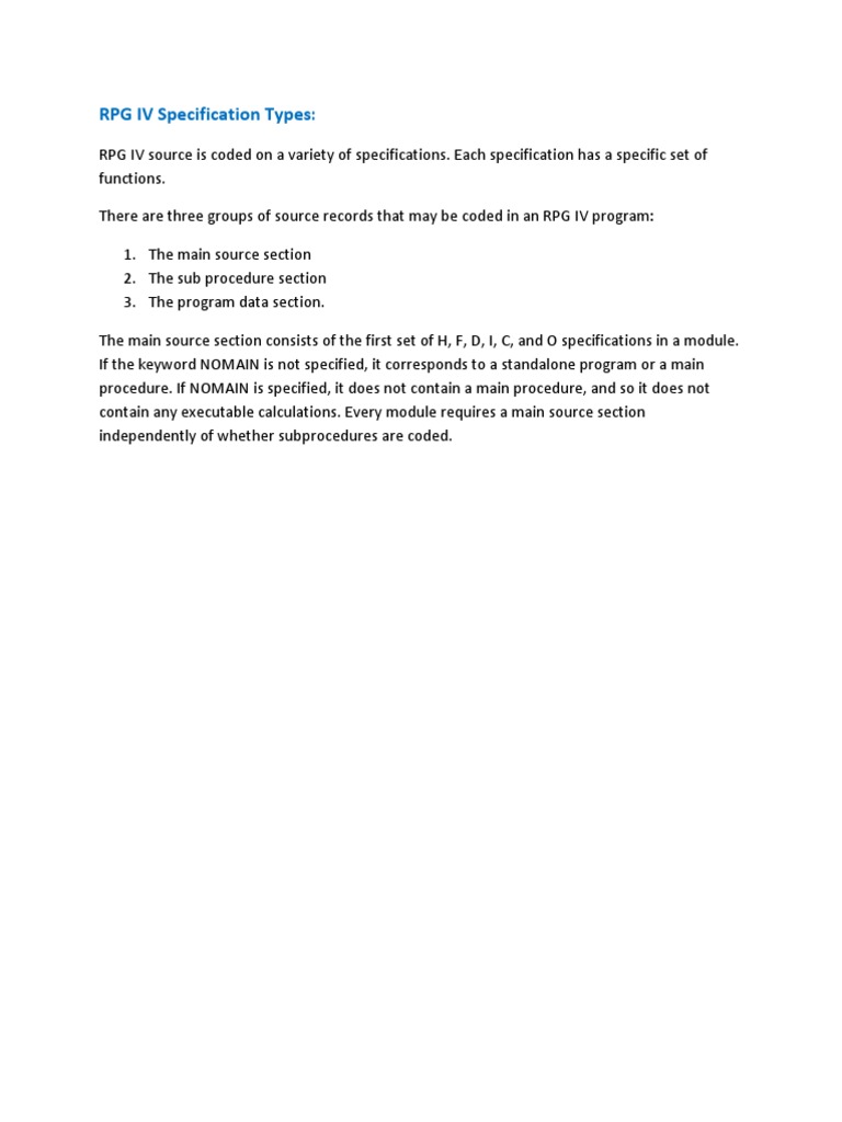 RPG ILE Specifications Explantion | PDF | Ibm Rpg | Specification ...