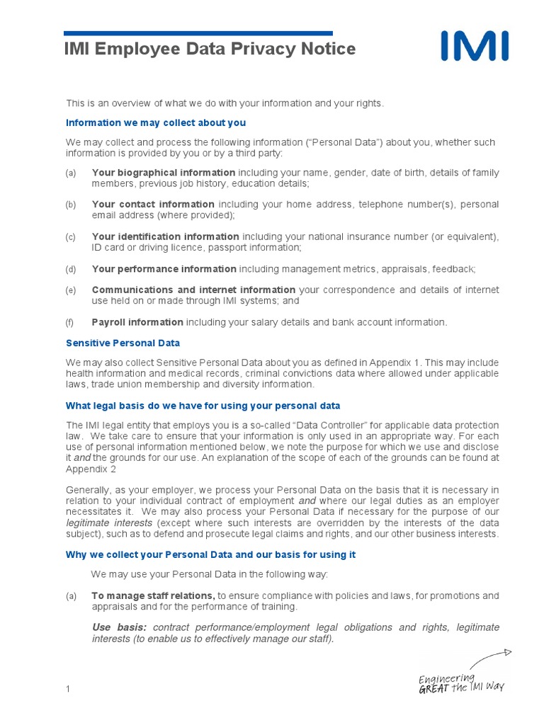 IMI Employee Data Privacy Notice | PDF | Personally Identifiable ...