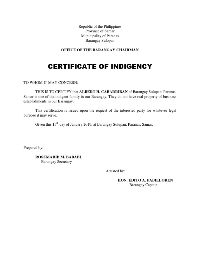 Certificate of Indigency Brgy Solupan | PDF