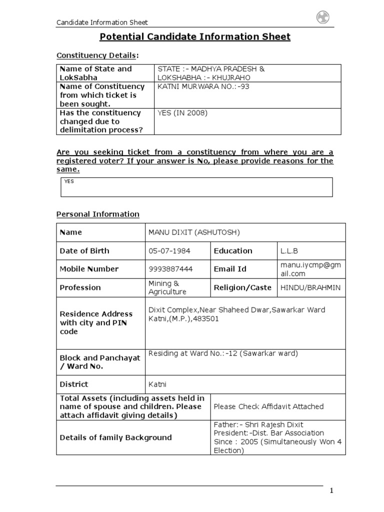 Candidate Information Sheet | Download Free PDF | Indian National ...