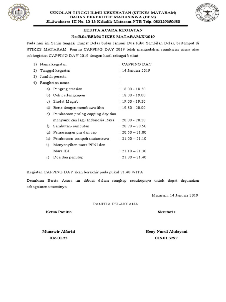 BERITA ACARA Capping Day (14 Januari 2019) | PDF