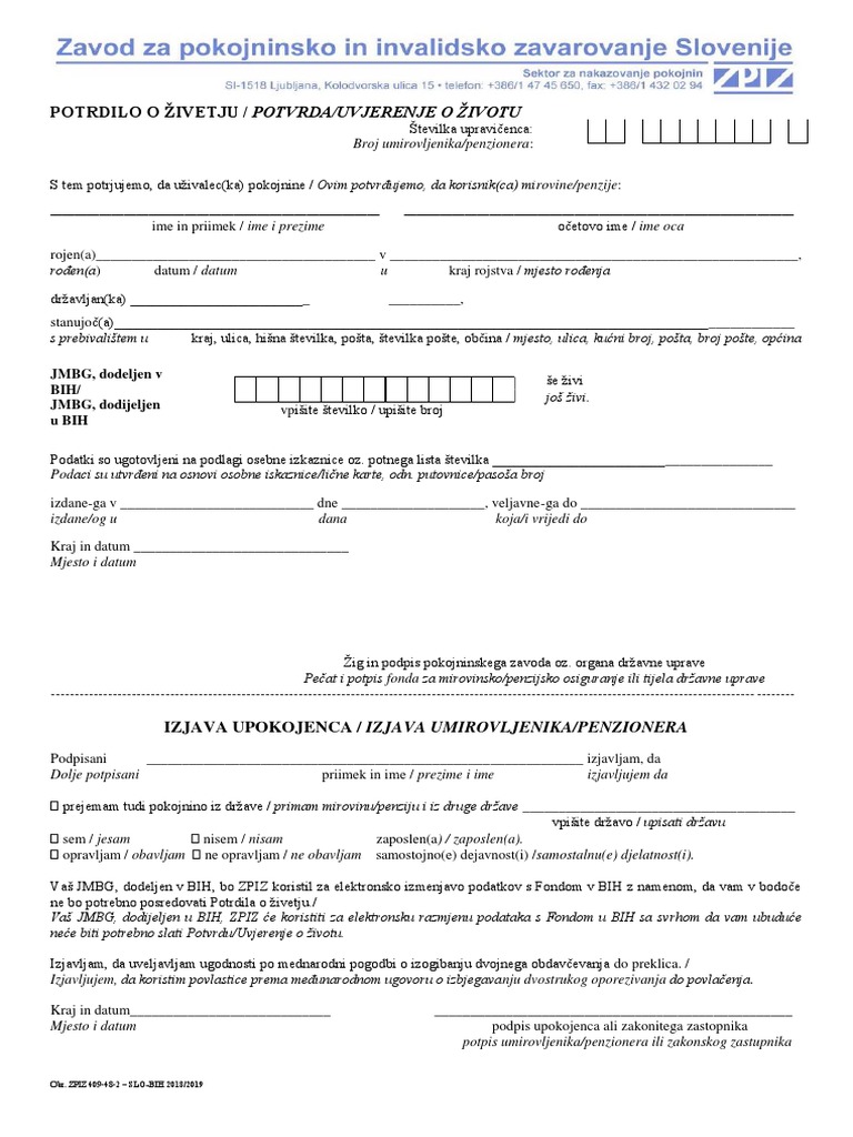 ZPIZ Potrdilo o Živetju in Izjava BIH 2018 19 | PDF