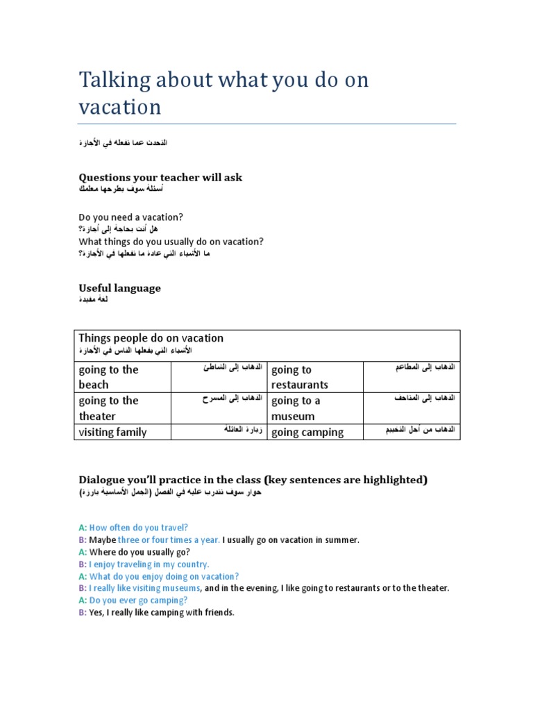 Talking About What You Do On Vacation: Questions Your Teacher Will Ask ...