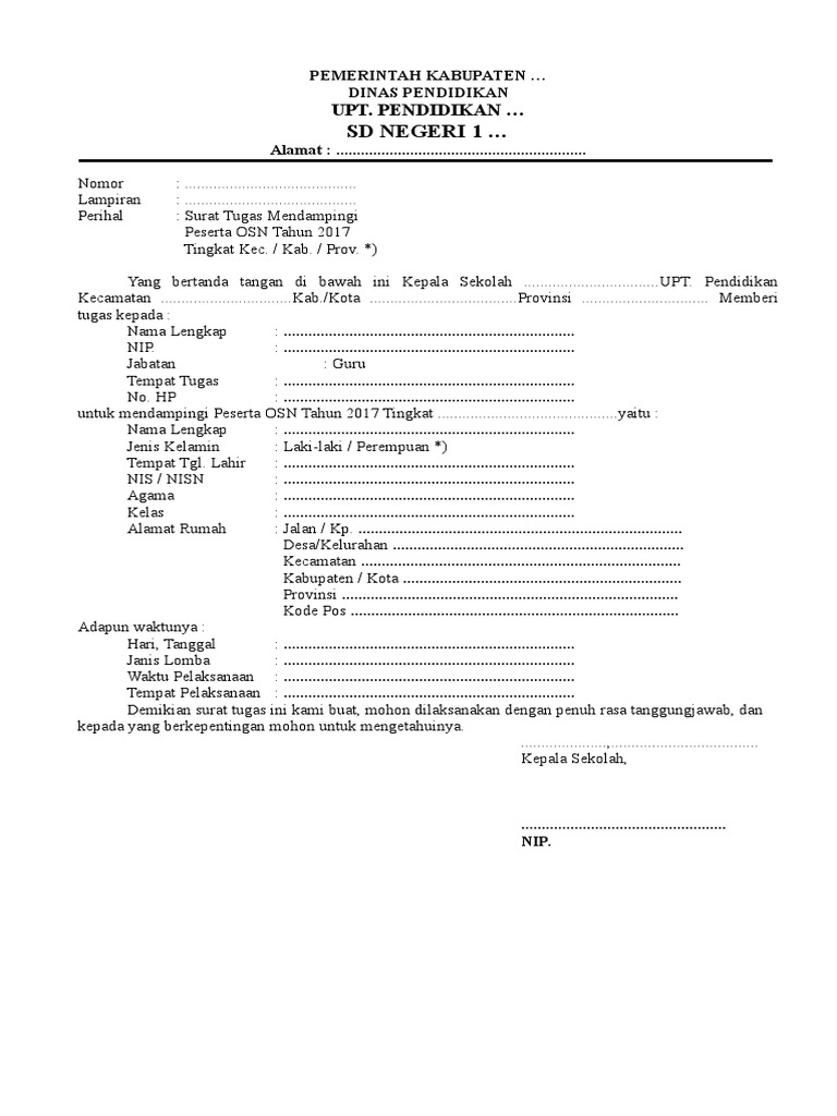 Surat Tugas Guru Pendamping Peserta Osn | PDF