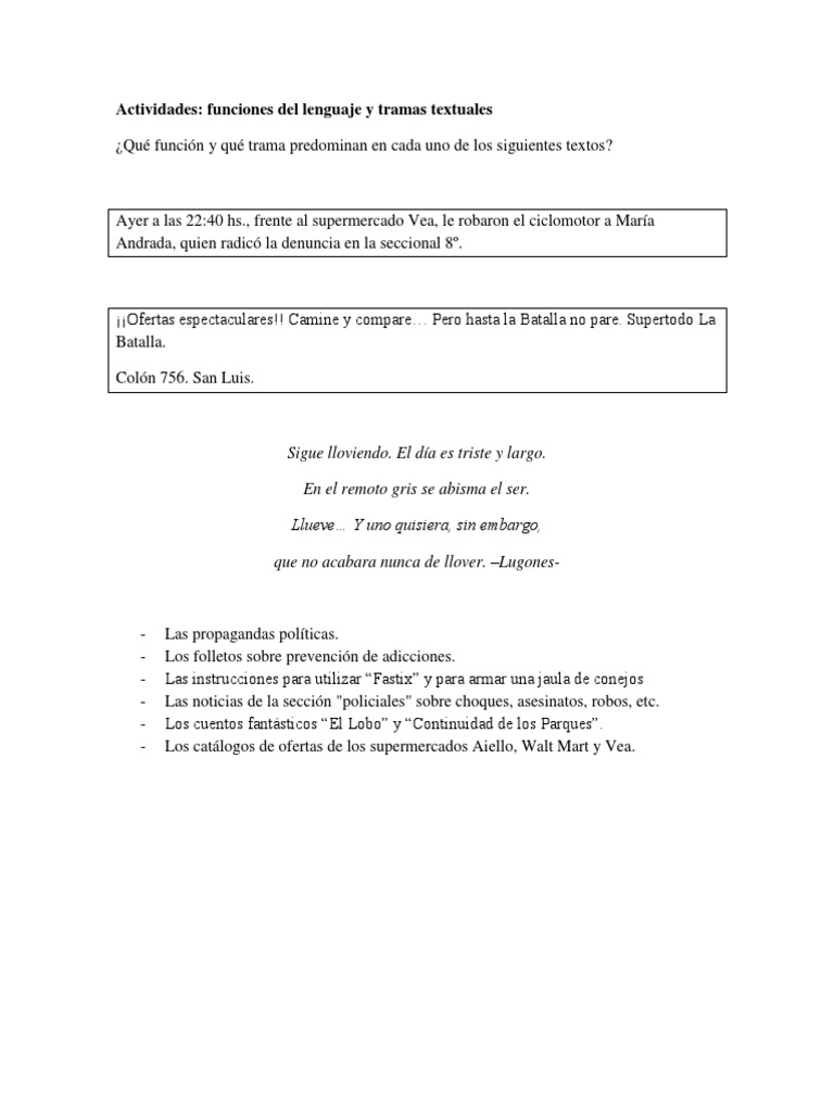 Actividades Funciones Del Lenguaje y Tramas Textuales | PDF