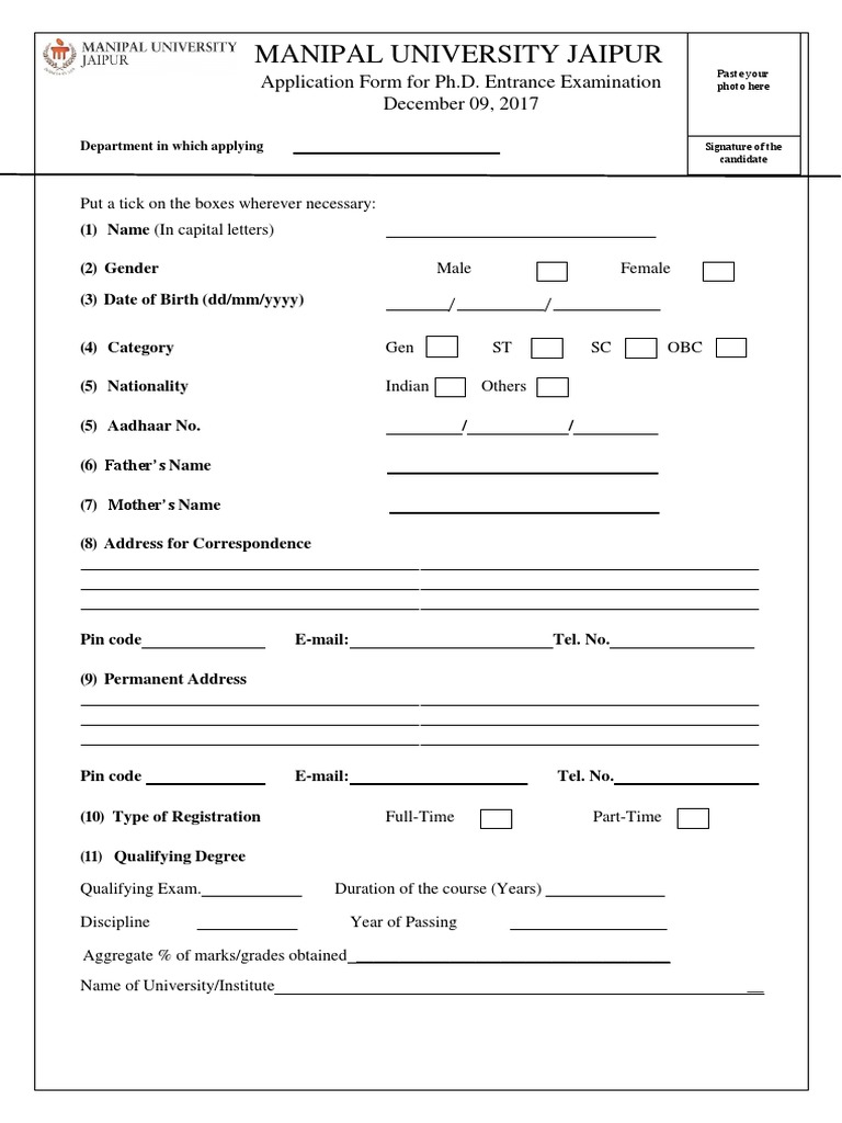 MUJ Application Form PHD 2017 | PDF | Doctor Of Philosophy | Academic Degree