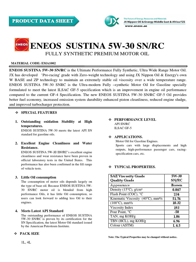 Eneos Sustina Product Data Sheet 2016 | PDF | Motor Oil | Mechanical Engineering