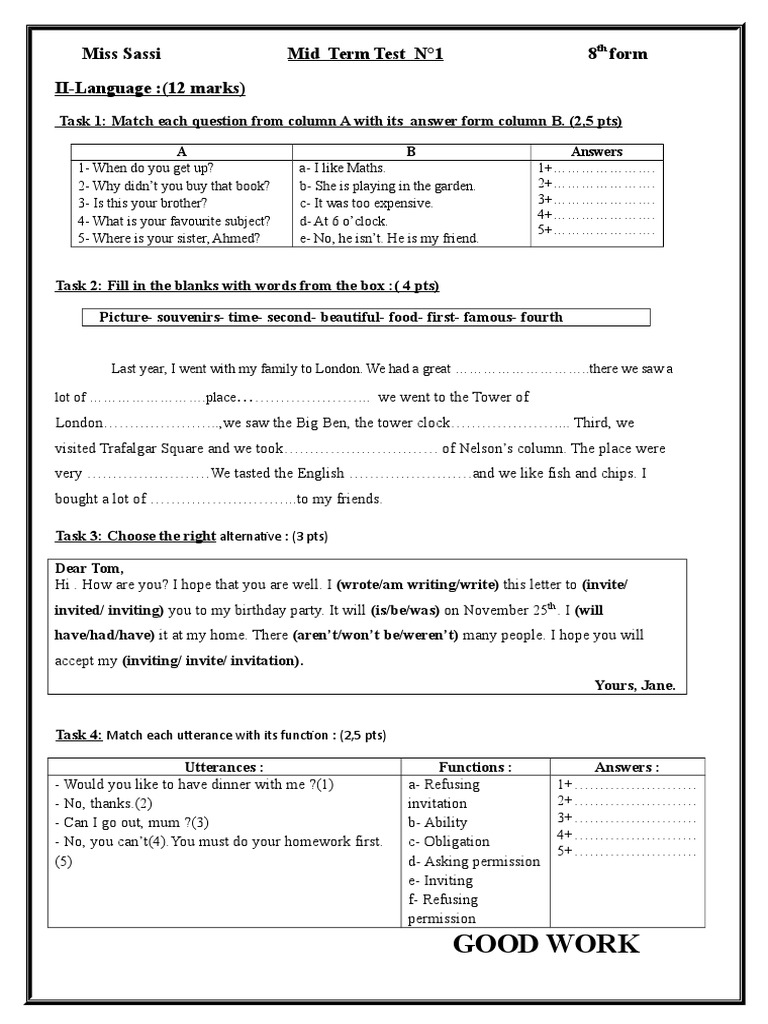 Miss Sassi Mid Term Test Language Tasks | PDF