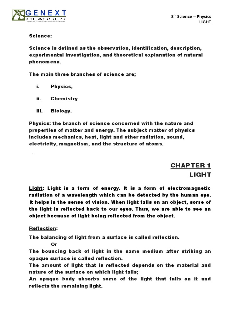 8 Science - Physics Light | PDF | Eye | Reflection (Physics)