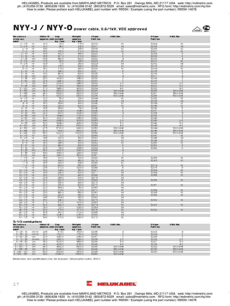 Nyy-J / Nyy-O: Power Cable, 0,6/1kV, VDE Approved | PDF