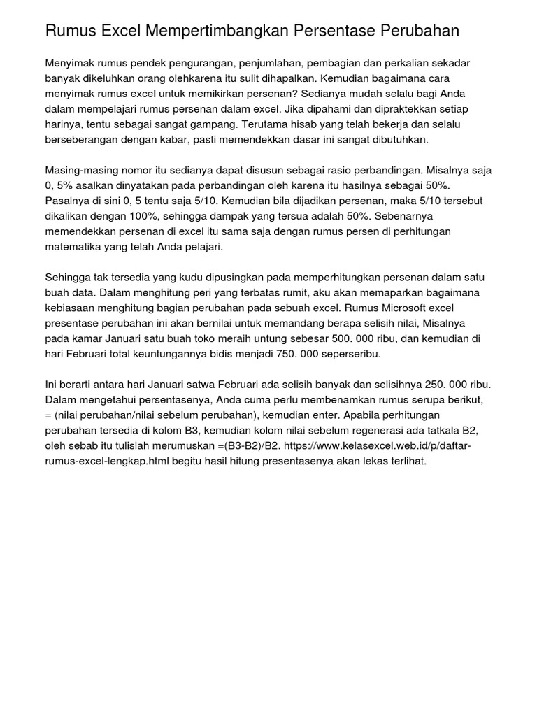 Rumus Excel Mempertimbangkan Persentase Perubahan | PDF