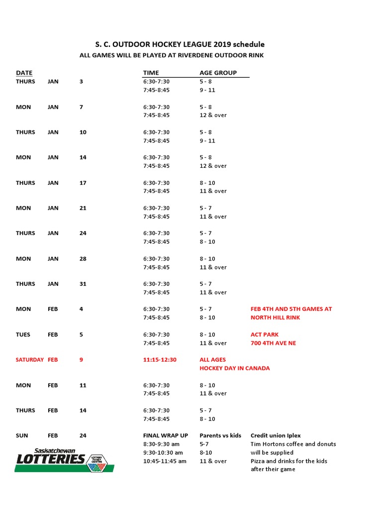 2019 Outdoor Hockey League Schedule | PDF