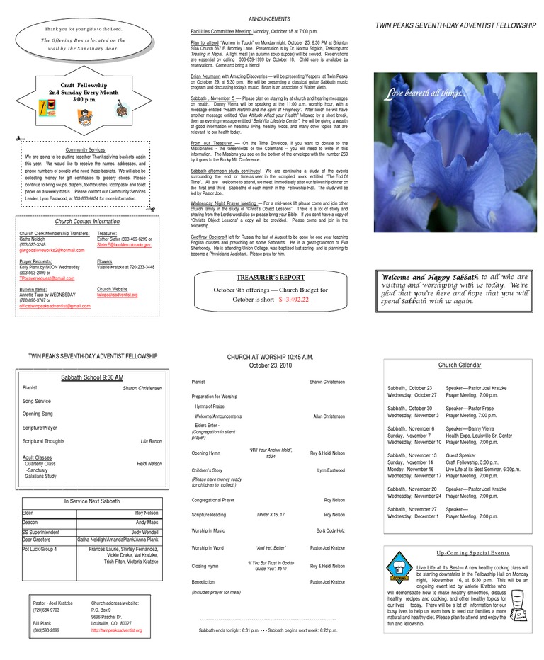 Twin Peaks Adventist Church Bulletin | PDF | Seventh Day Adventist ...