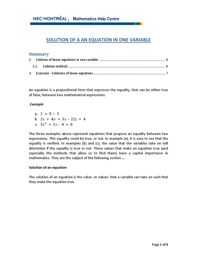 Solution of An Equation in One Variable | PDF | Equations | System Of ...