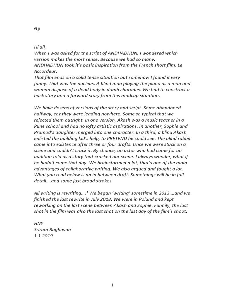 Andhadhun Script For Film Companion | PDF | Leisure