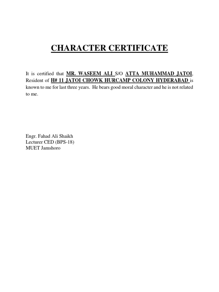 Character Certificate | PDF