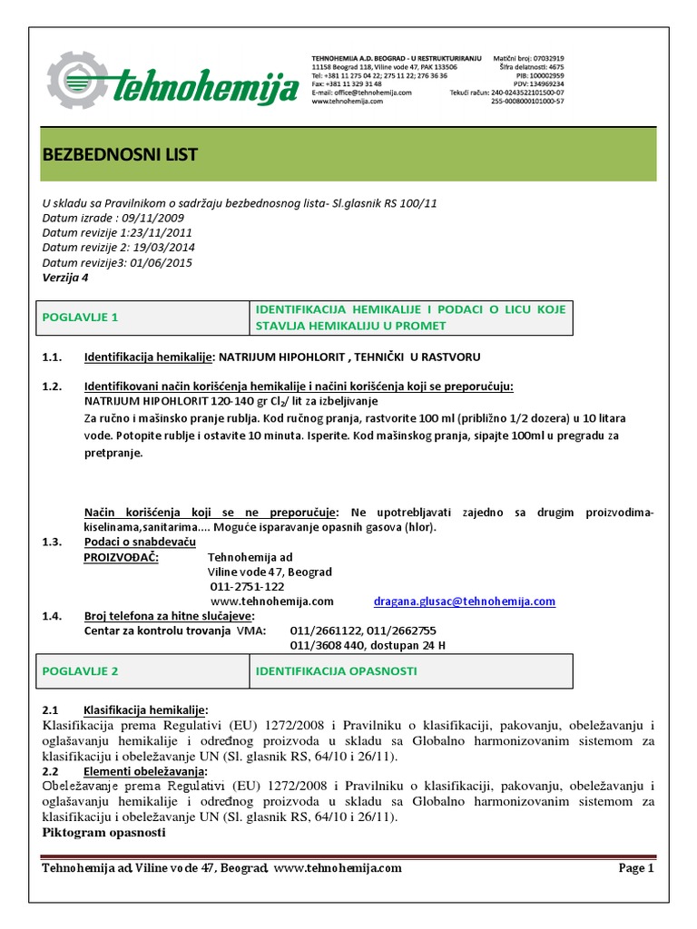MSDS Natrijum Hipohlorit Hemikalija | PDF
