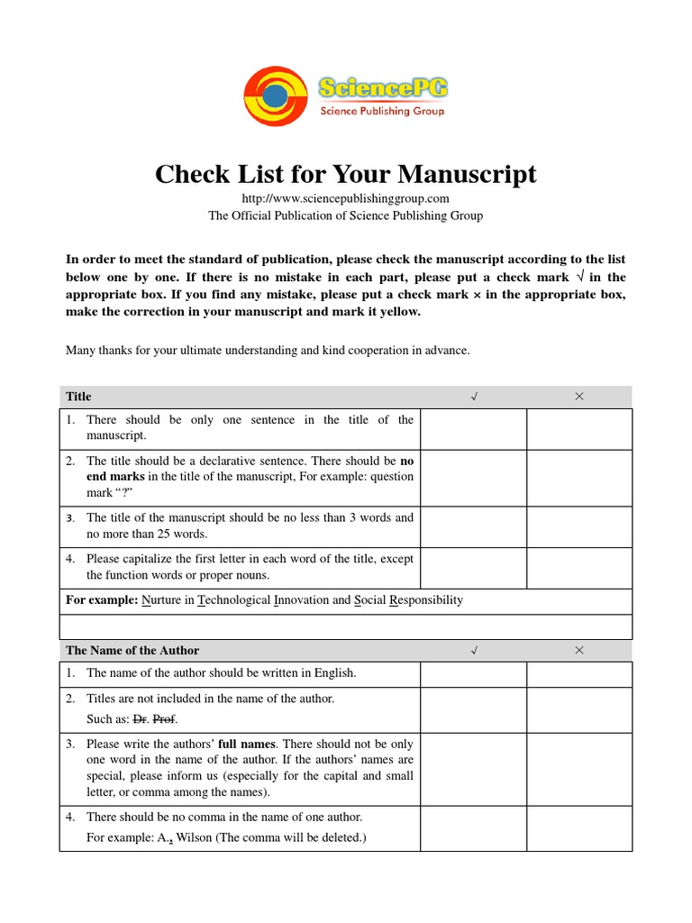 SciencePG Manuscript CheckList | PDF