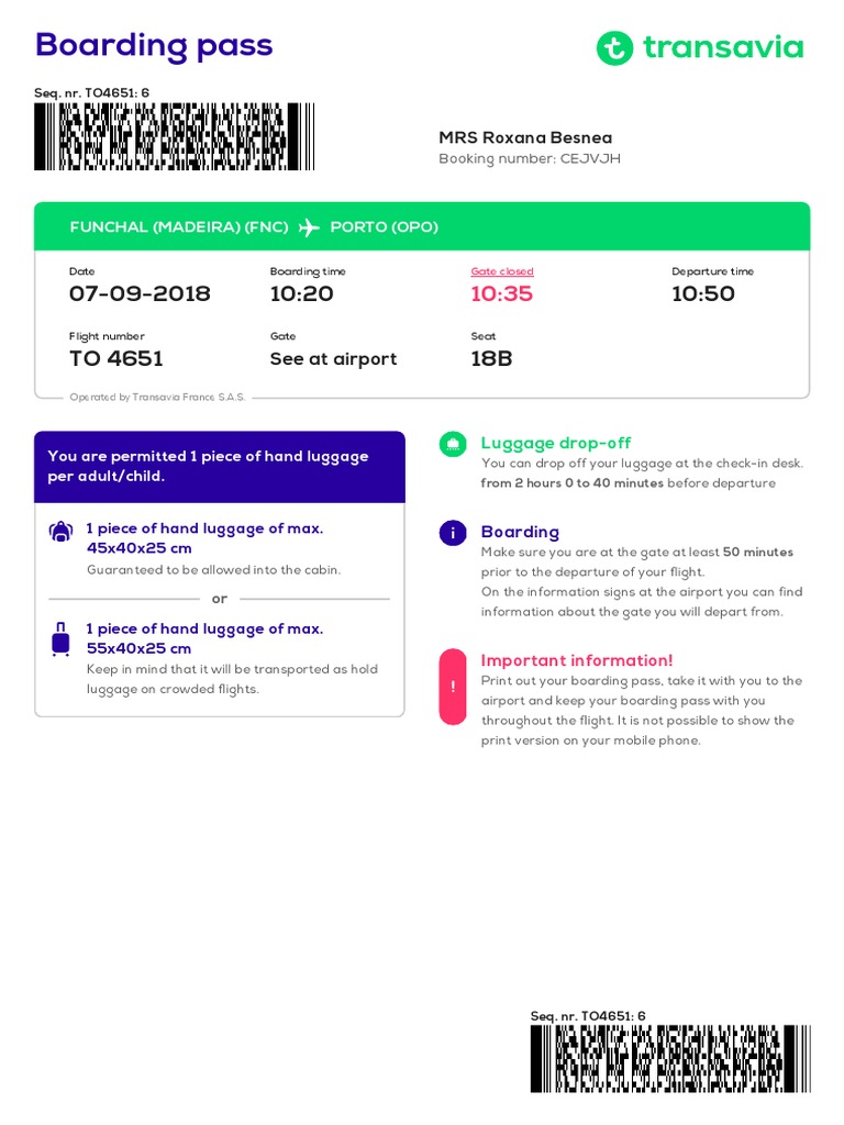 Transavia Boardingpass Roxana Besnea TO4651 07-09-2018 | PDF