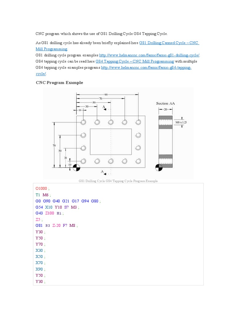 CNC Program Which Shows The Use of G81 Drilling Cycle G84 Tapping Cycle ...