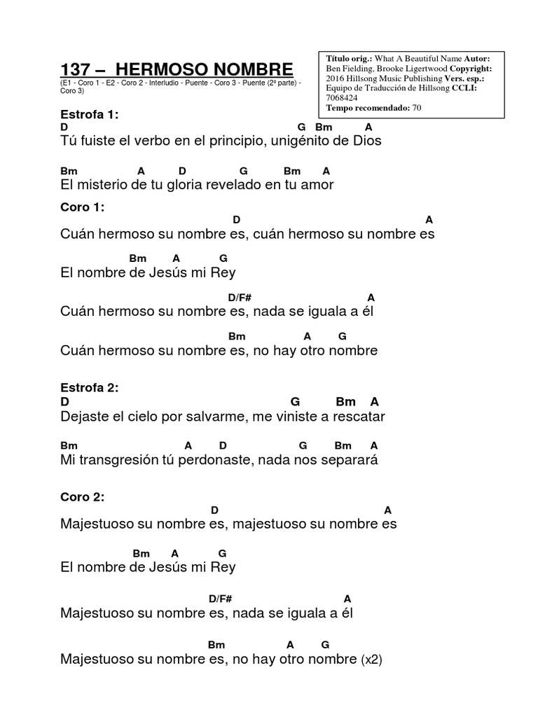 137 - Hermoso - Nombre - Letra y Acordes | PDF | Entretenimiento ...