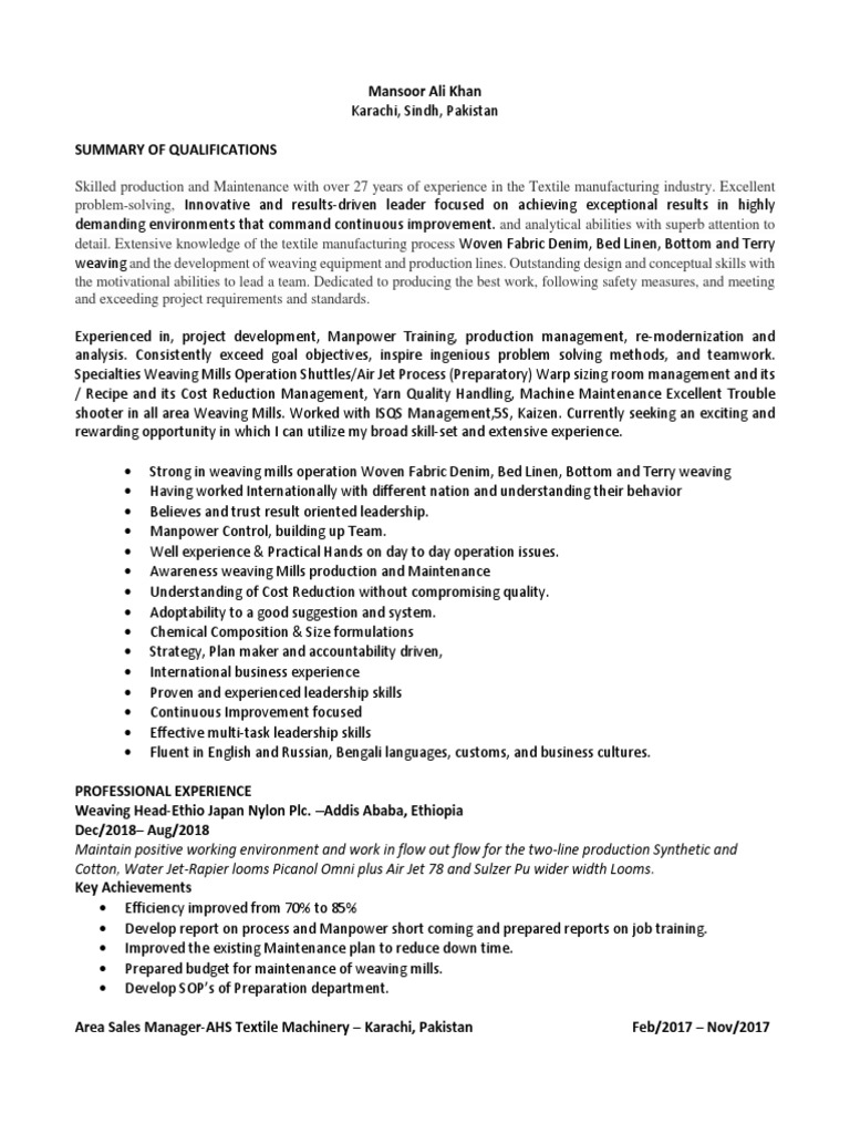 Sample Resume - Executive CV | PDF | Weaving | Textile Manufacturing