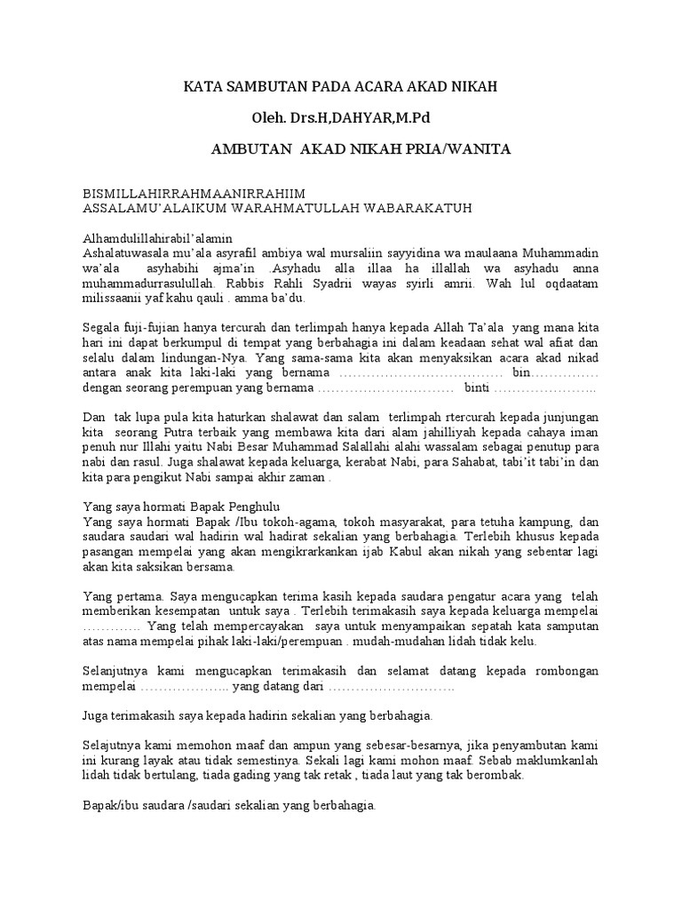 Kata Sambutan Pada Acara Akad Nikah | PDF