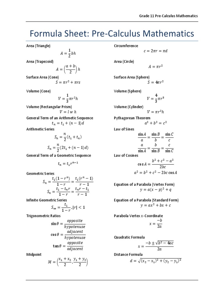 Grade 11 Pre Calculus Formula Sheet | PDF | Science | Teaching Mathematics