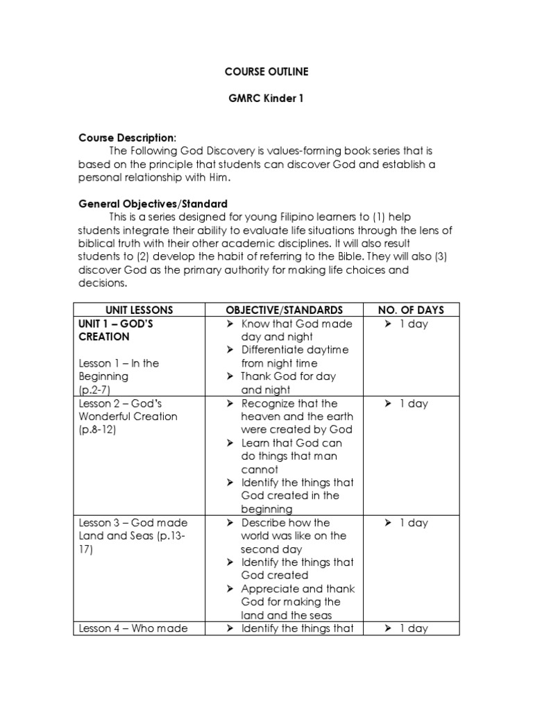 Course Outline GMRC Kinder 1 | PDF | Adam And Eve | Moses