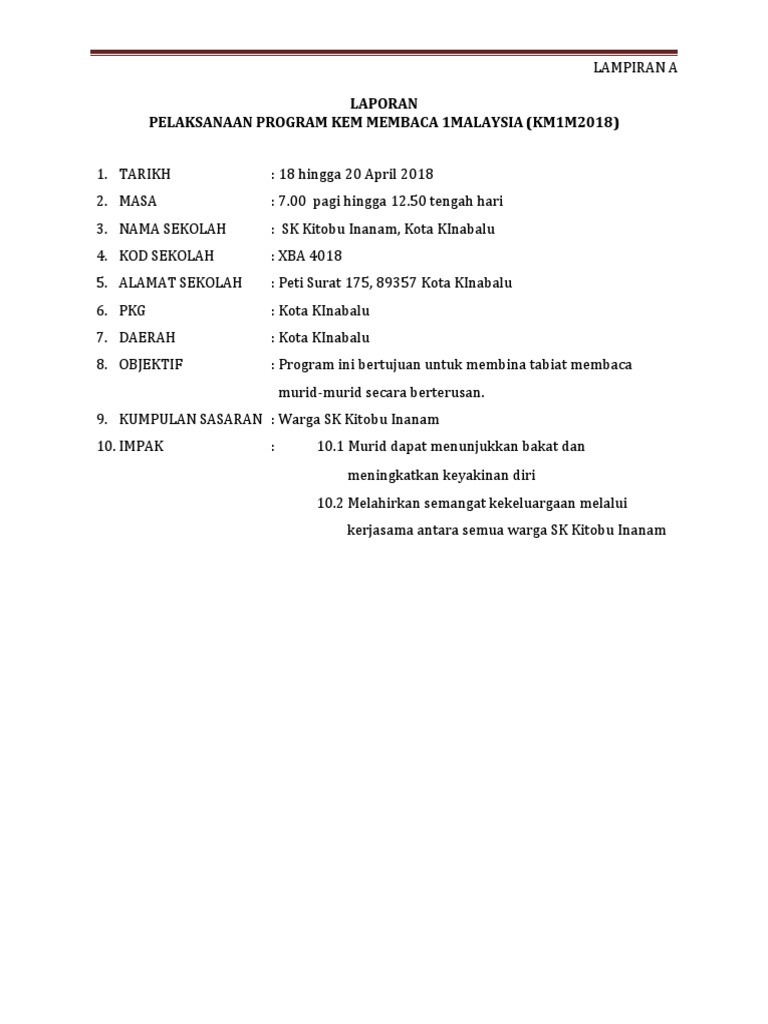 Laporan Pelaksanaan Program KM1M 2018 SK Kitobu Inanam | PDF
