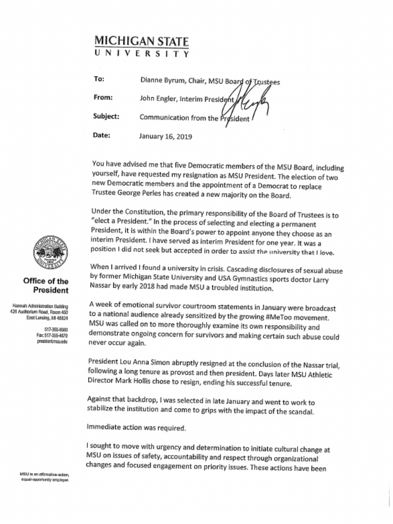 MSU Interim President John Engler's Resignation Letter | PDF | Michigan