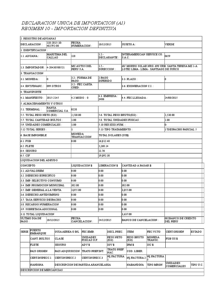 Declaracion Unica de Importacion (A1) Regimen 10 - Importacion ...