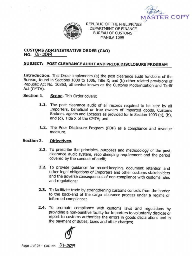 Bureau of Customs CAO 01-2019 Post Clearance Audit and Prior Disclosure ...