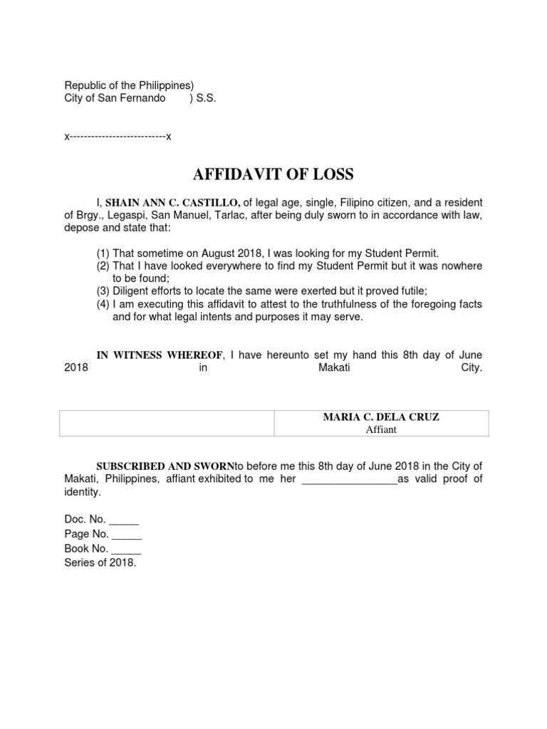 Affidavit of Loss: Shain Ann C. Castillo | PDF