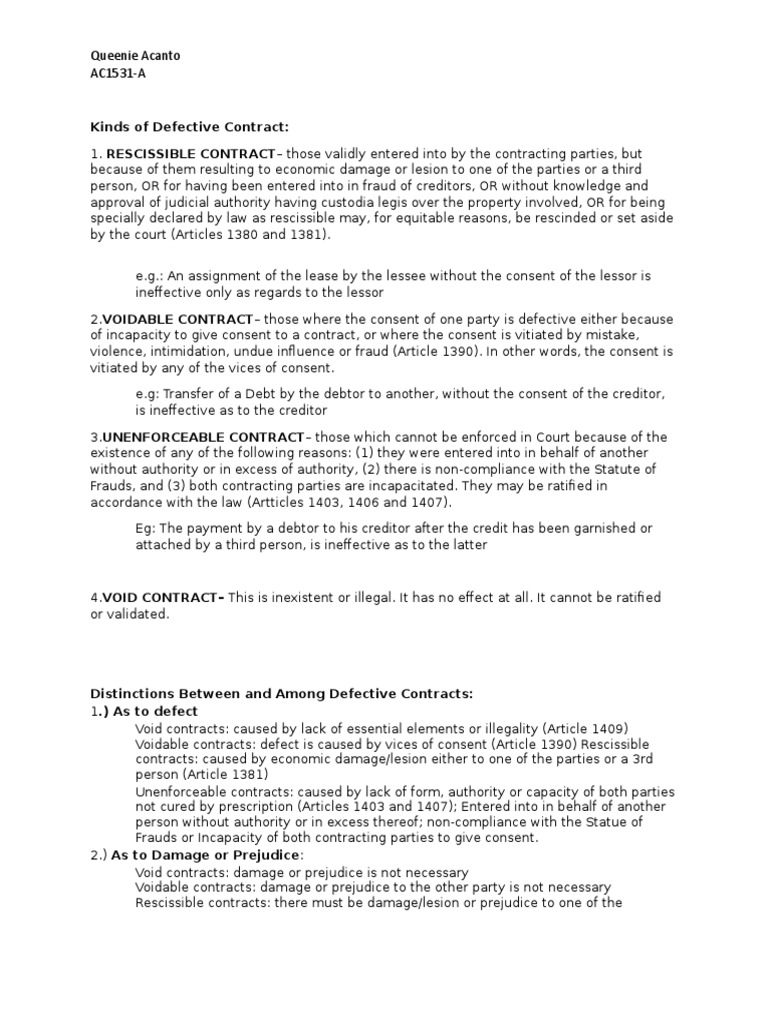 Kinds of Defective Contract | PDF | Annulment | Void (Law)